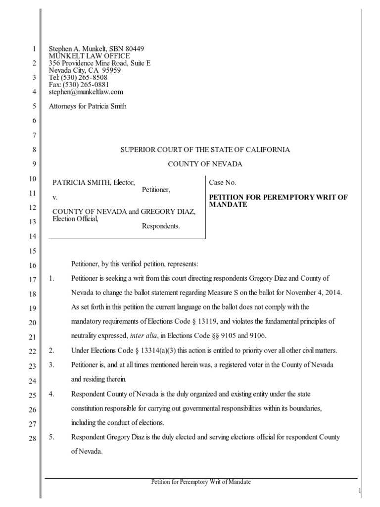 Petition For Writ Re Measure S | PDF | Initiative | U.S. State