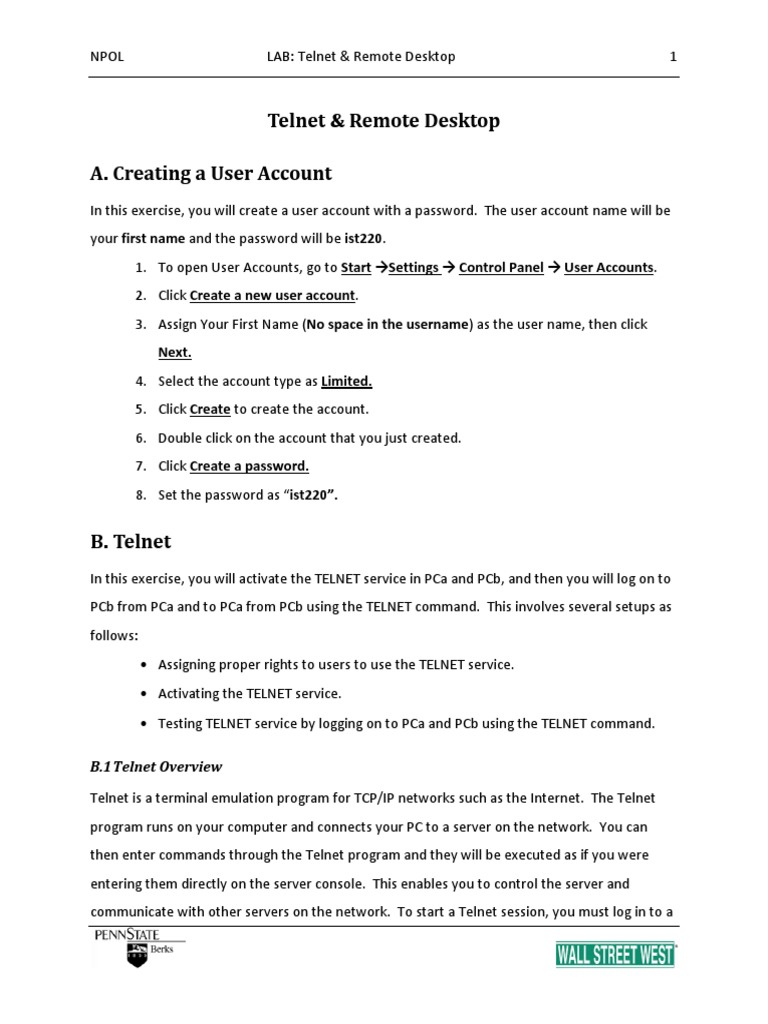 Telnet and Remote Desktop Setup Guide | PDF