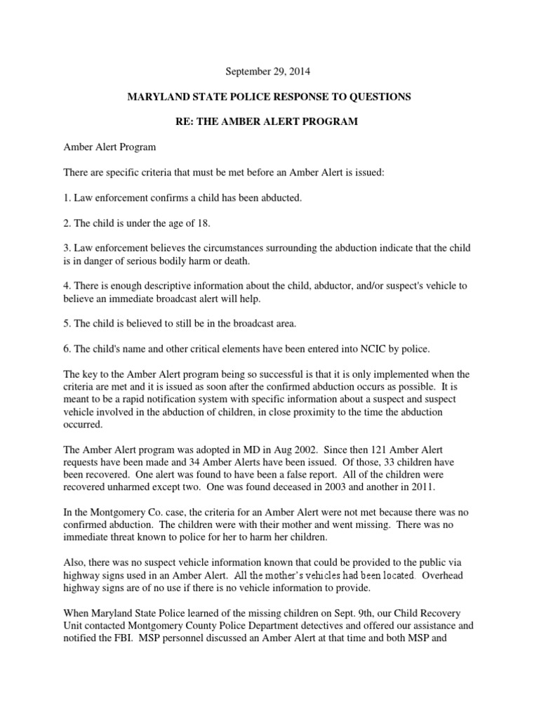 MSP Responds To Amber Alert Request | PDF | Misconduct | Criminal Law