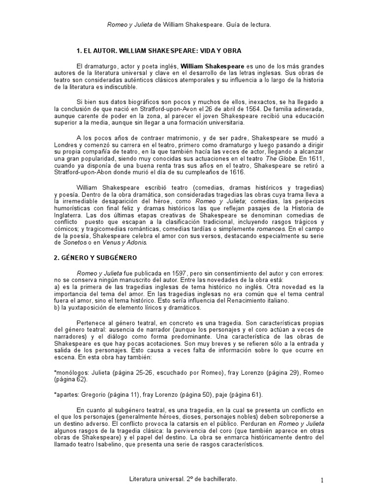 Guía de Lectura Romeo y Julieta | William Shakespeare | Romeo y Julieta