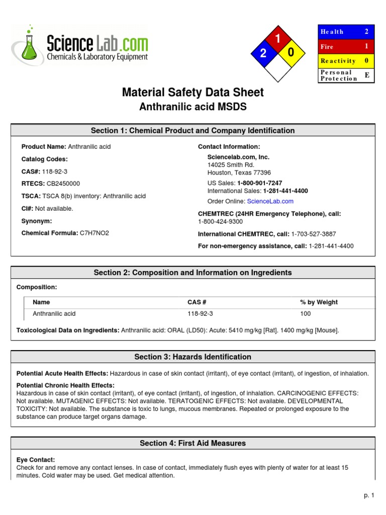 22 Amino Benzoic Acid MSDS | Toxicity | Personal Protective Equipment