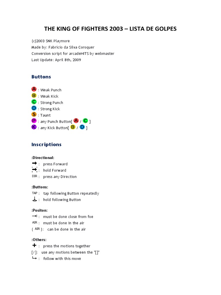 KOF 2003 Move List and Cheats Guide | PDF