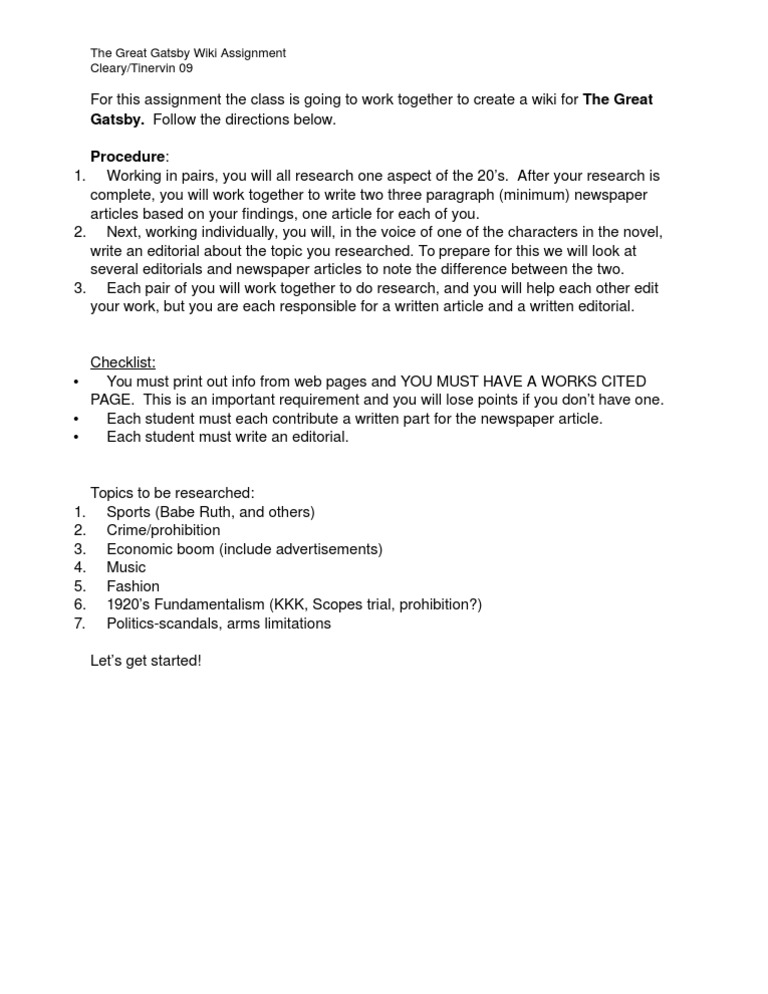 Gatsby Wiki Assignment | PDF
