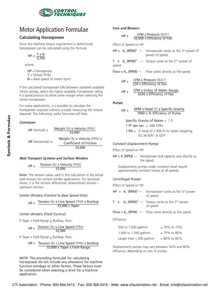 Motor Application Formulas | PDF | Horsepower | Pump