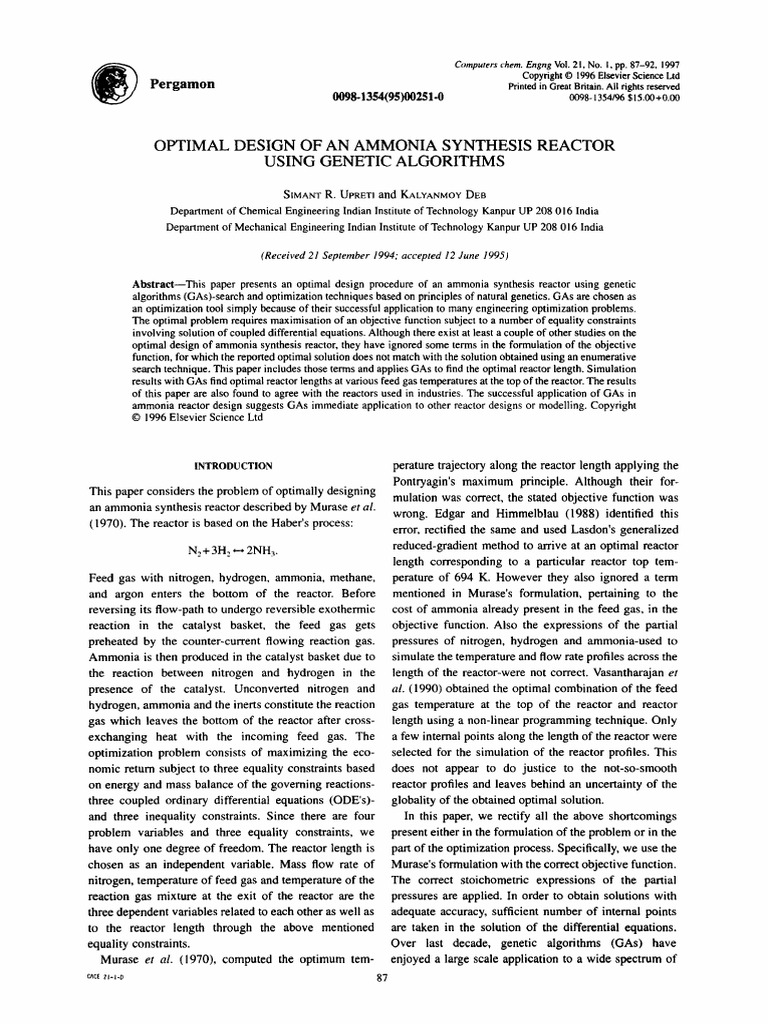 Pergamon: Optimal Design of An Ammonia Synthesis Reactor Using Genetic Algorithms | PDF ...
