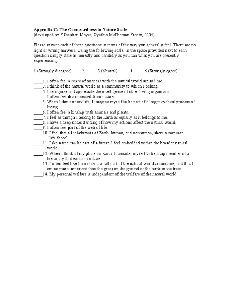 Nature Connection Self-Assessment | PDF | Self-Improvement