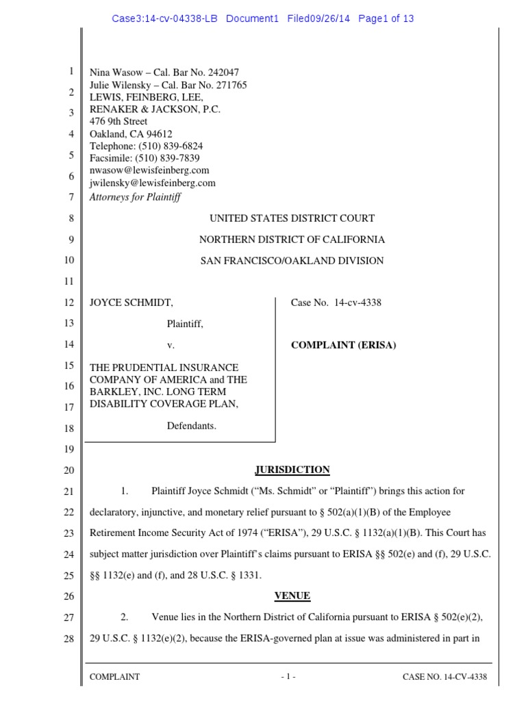 SCHMIDT v. PRUDENTIAL INSURANCE COMPANY OF NORTH AMERICA Et Al Complaint | PDF | Migraine | Headache