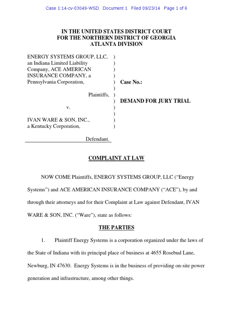 ENERGY SYSTEMS GROUP, LLC Et Al v. IVAN WARE & SON, INC. Complaint ...