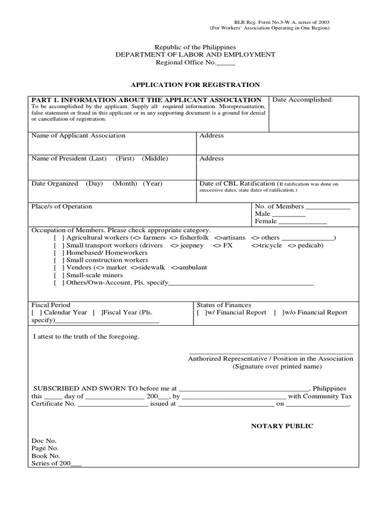 Application For Registration (BLR Reg - Form No - 3-WA, Series of 2003 ...