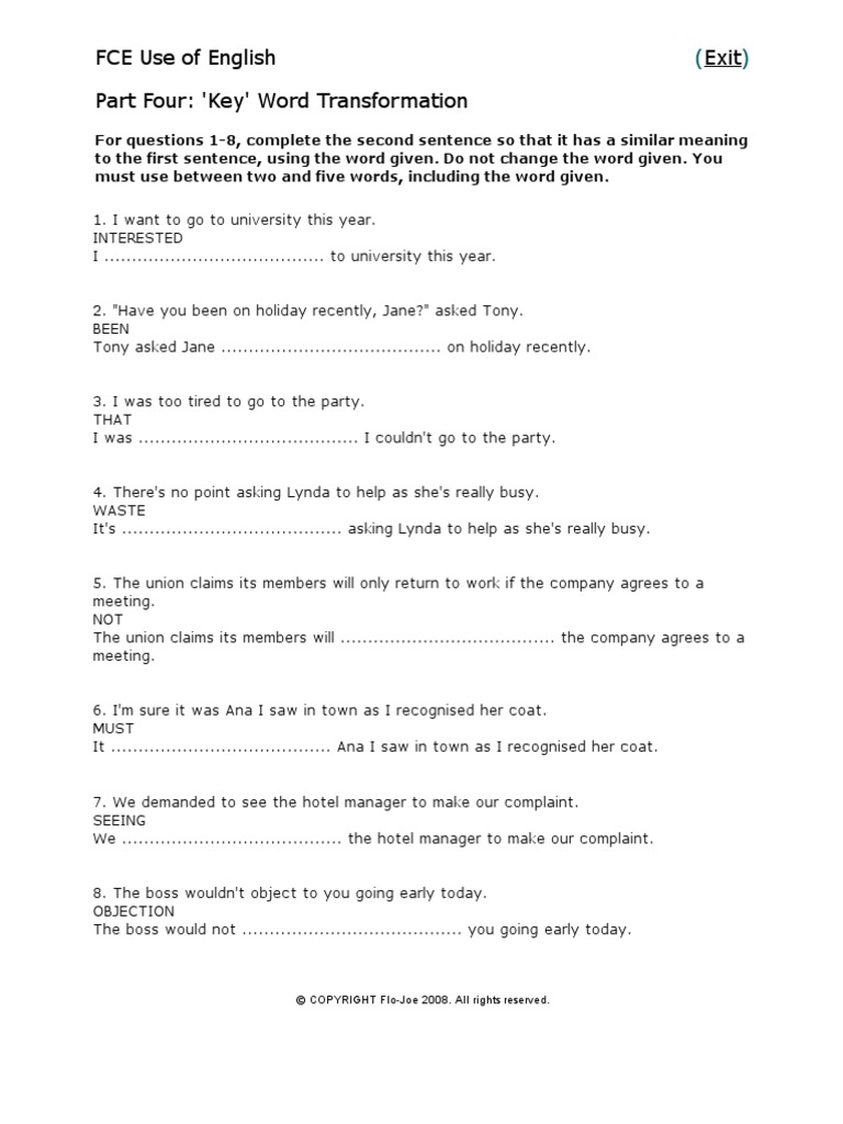 Flo-Joe's FCE Trainer - Practice Testskey | PDF