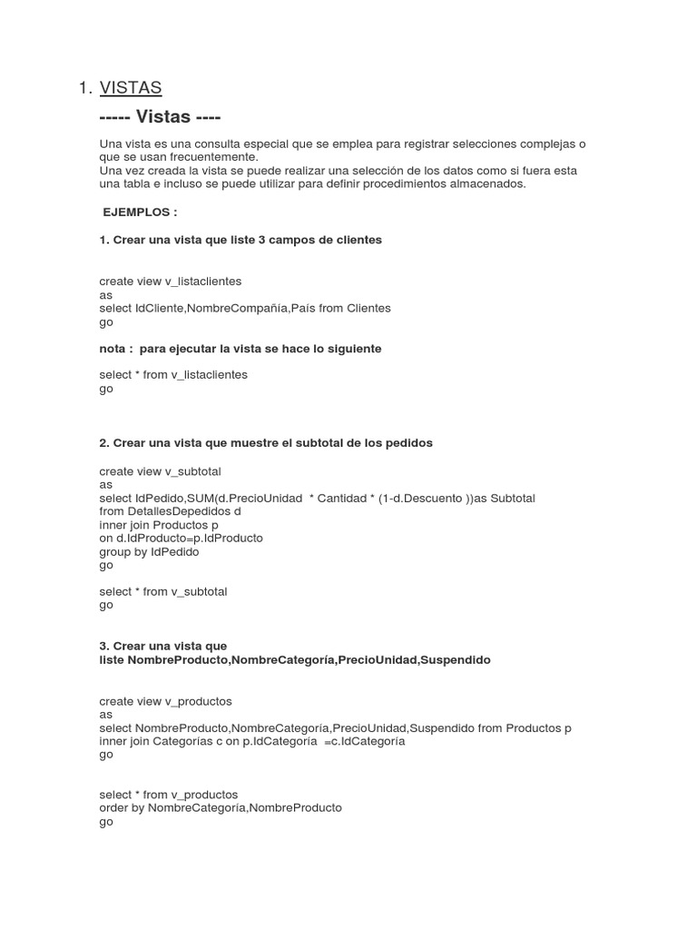 Ejemplos de Vistas en SQL Server | PDF | SQL | Recuperación de información