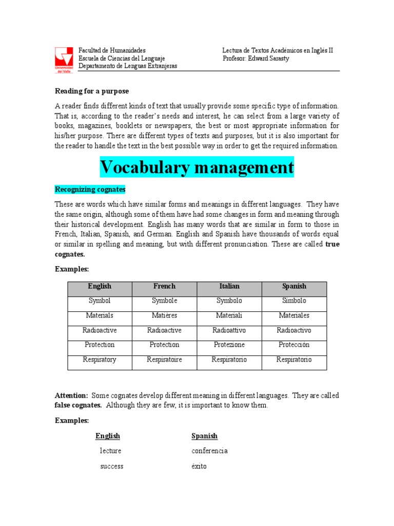 Vocabulary Management and Reading Strategies | PDF | Reading (Process ...
