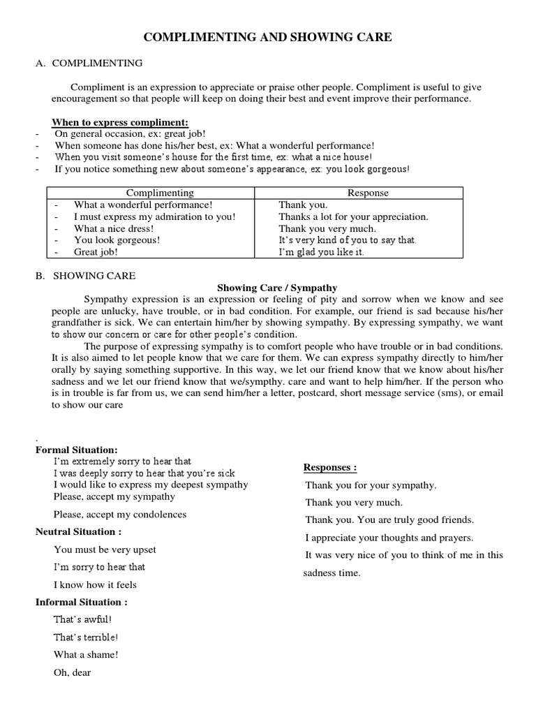Complimenting and Showing Care Worksheet | PDF