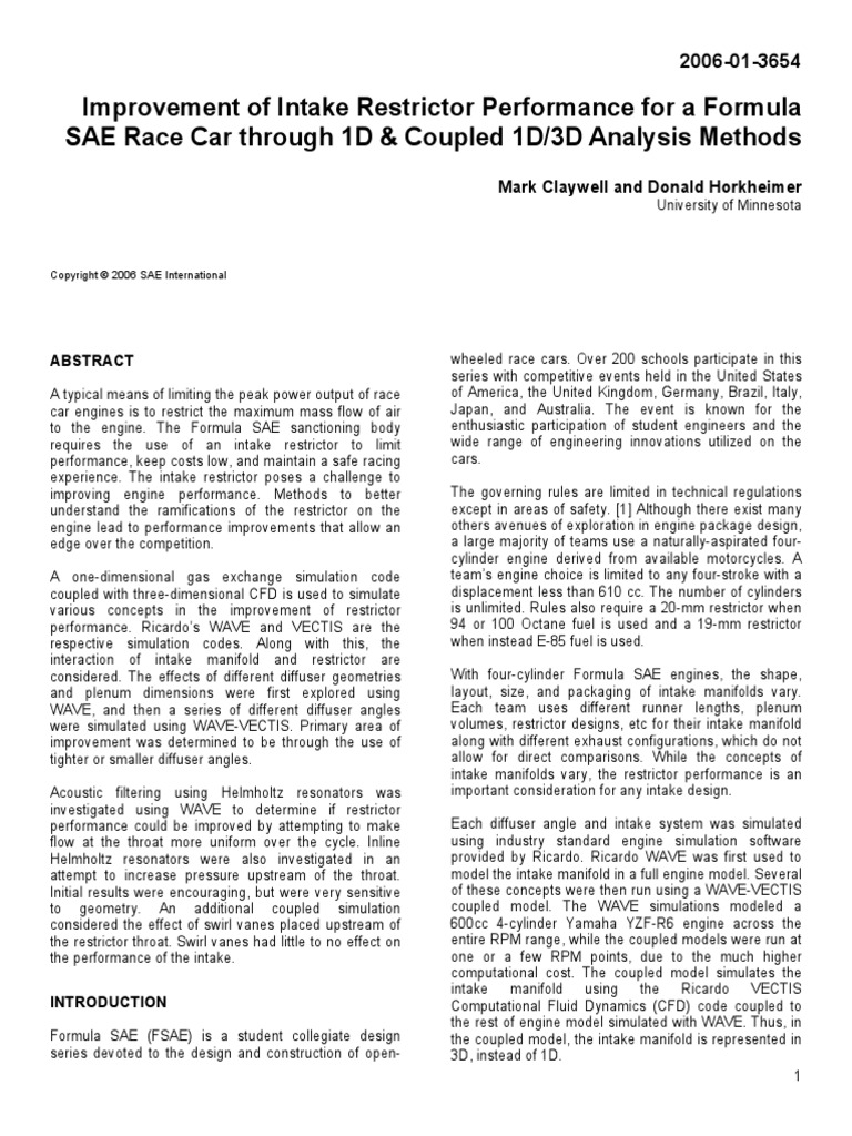 (Part 2) SAE Intake Concepts Using Ricardo WAVE-VECTIS 1D-3D Coupled ...