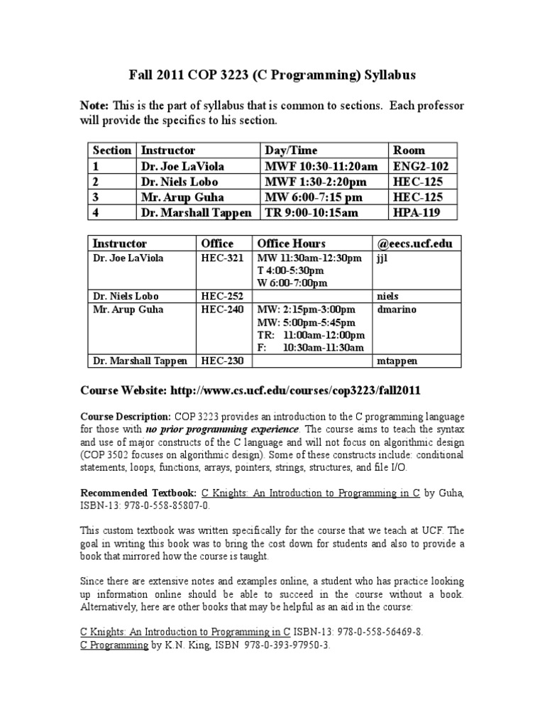 Fall 2011 Cop 3223 C Programming Syllabus Will Provide The Specifics To His Section Pdf