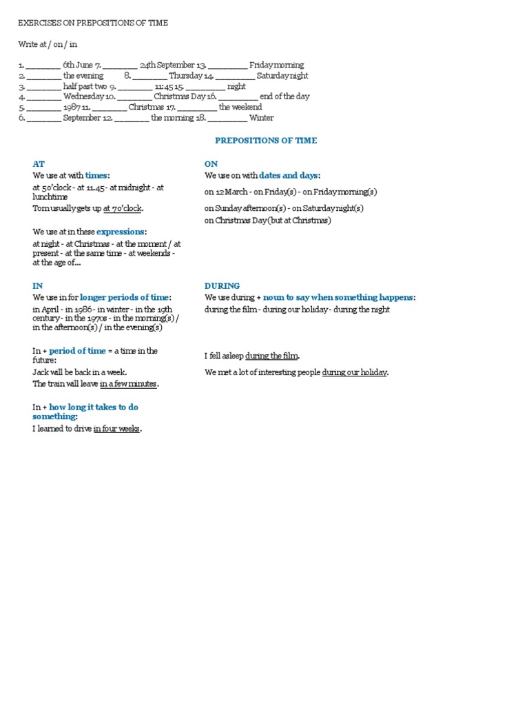 Exercises On Prepositions of Time | PDF | Workweek And Weekend | Christmas