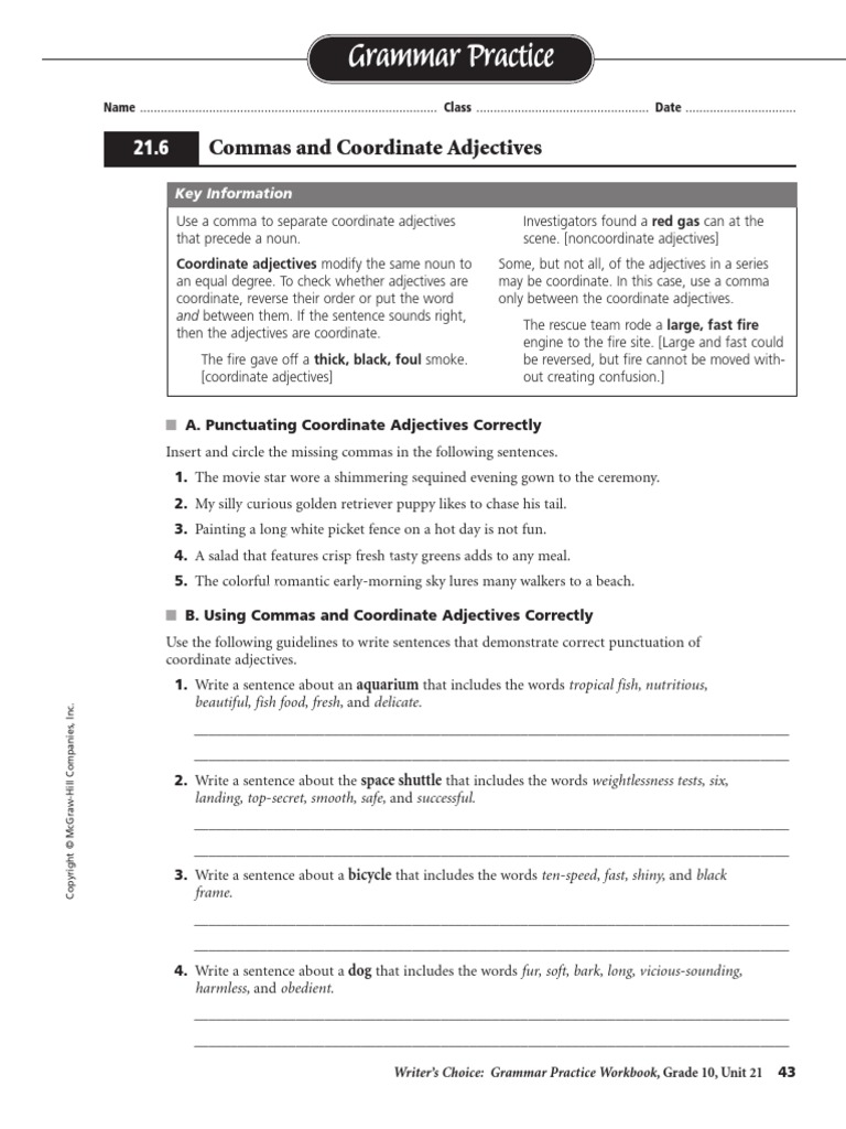 Grammar Practice: Commas and Coordinate Adjectives | PDF | Comma ...