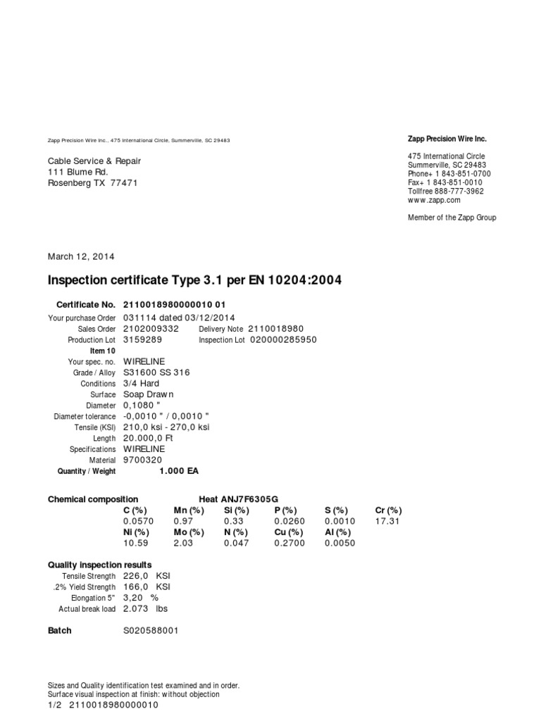 Inspection Certificate Type 3.1 Per EN 10204:2004: Zapp Precision Wire ...