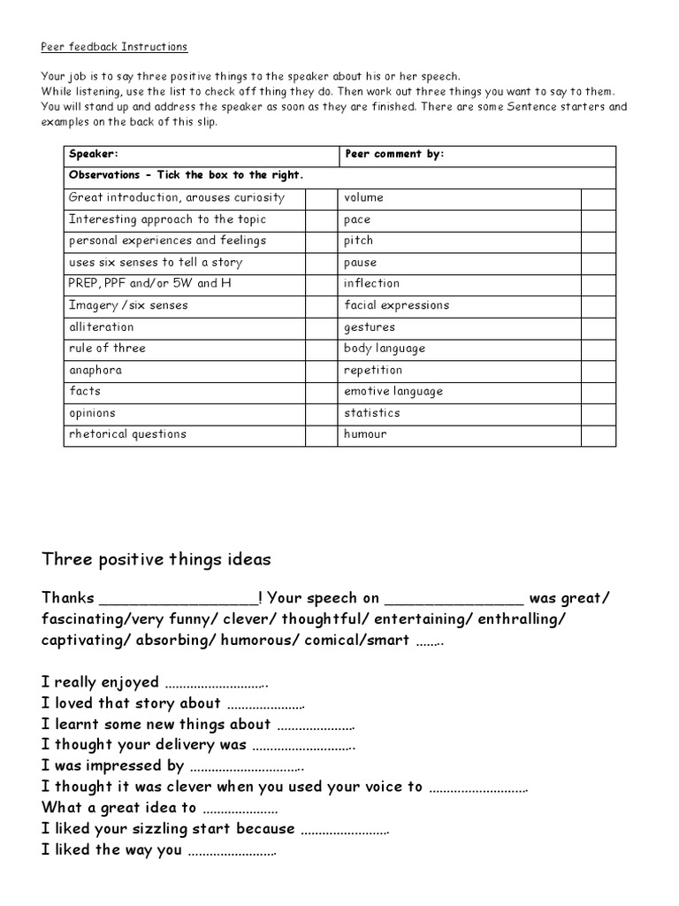 Speech Peer Feedback Instructions | PDF | Human Communication ...