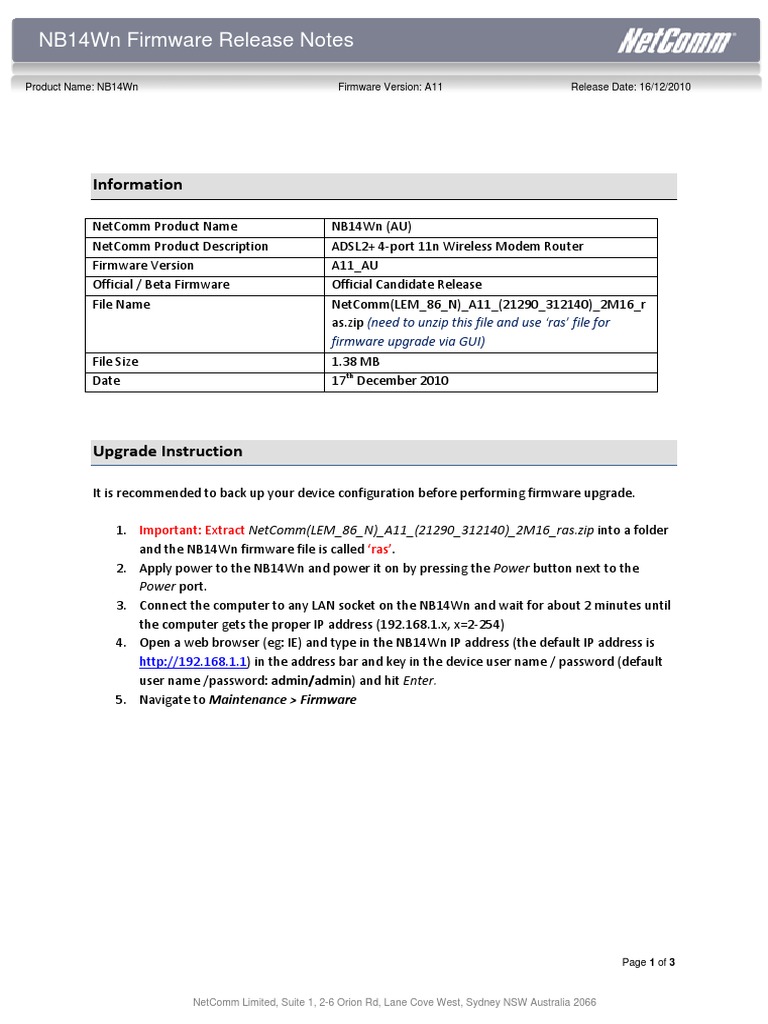 NB14Wn Firmware Release Notes: Information | PDF | Filename | Ip Address