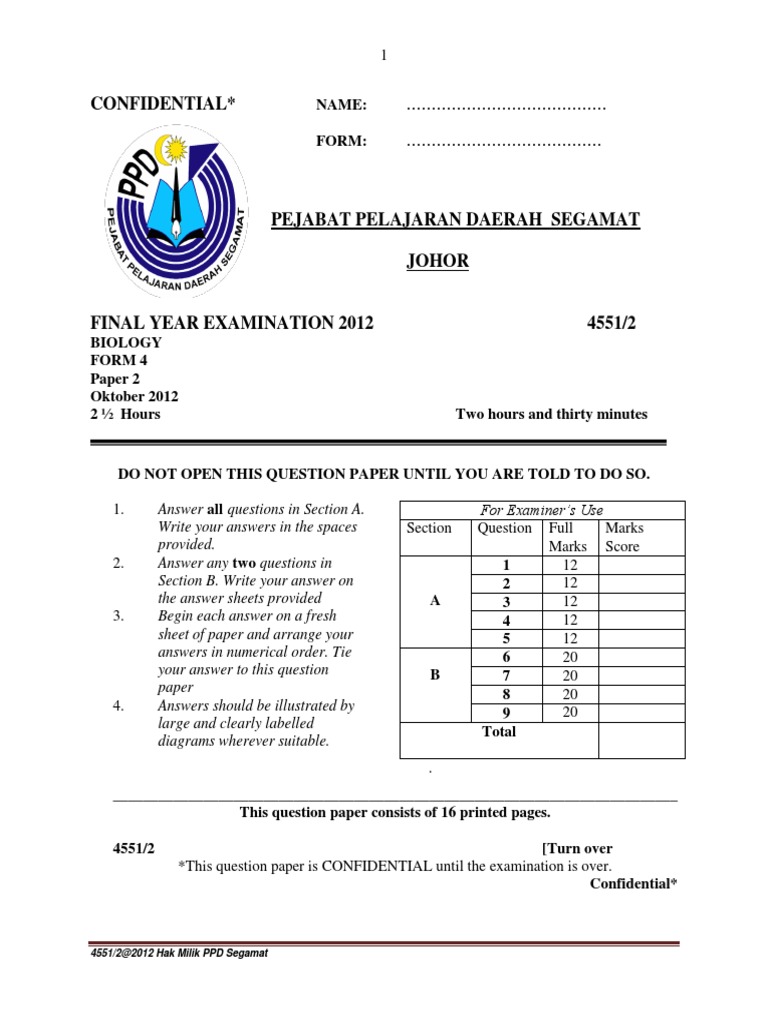 2012 Biology Exam Paper Form 4 | PDF | Teaching Methods & Materials