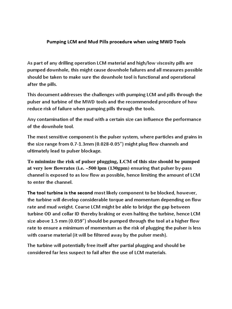 Pumping LCM and Mud Pills Procedure When Using MWD Tools | PDF | Pump | Mechanical Engineering