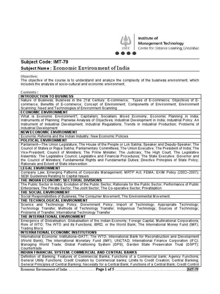 Economic Environment of India: Subject Code: IMT-79 | PDF | Financial ...