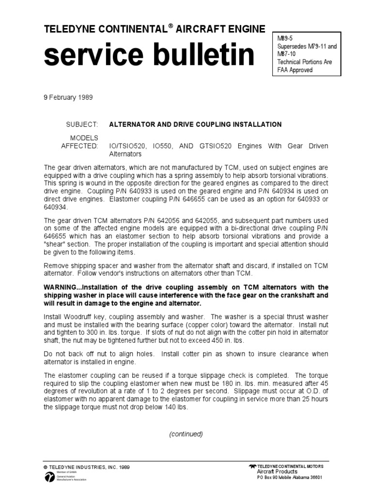 Service Bulletin: Teledyne Continental Aircraft Engine | PDF | Engines ...