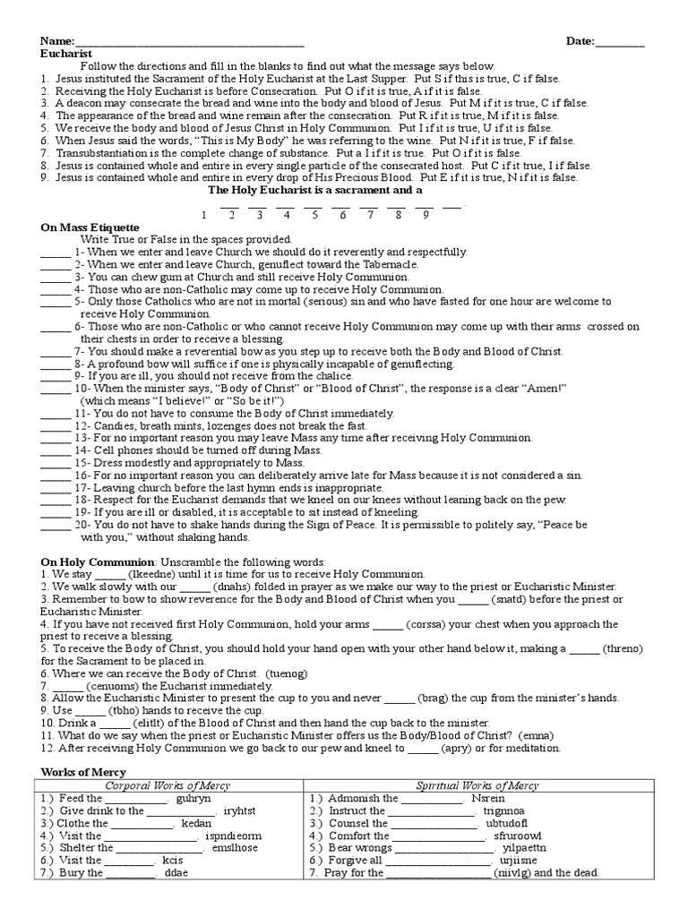 Eucharist Worksheet | Consecration | Eucharist