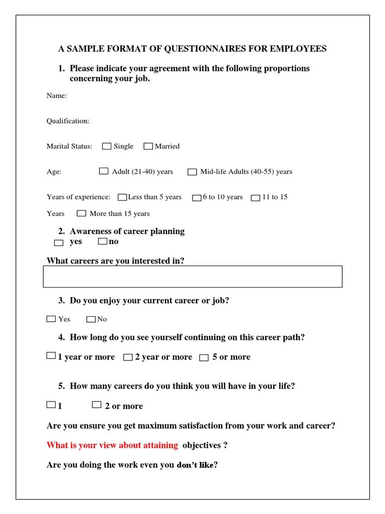 A Sample Format of Questionnaires On Career Planning and Development | PDF | Psychology ...