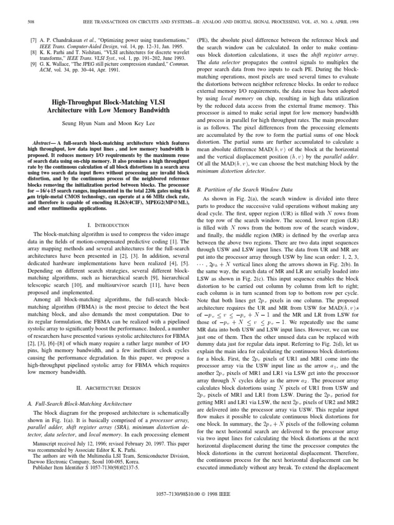 High-Throughput Block-Matching VLSI Architecture With Low Memory Bandwidth | PDF | Data ...