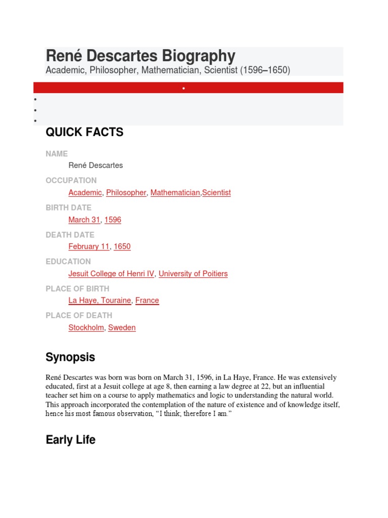 René Descartes Biography: Quick Facts | PDF | René Descartes | Metaphysics