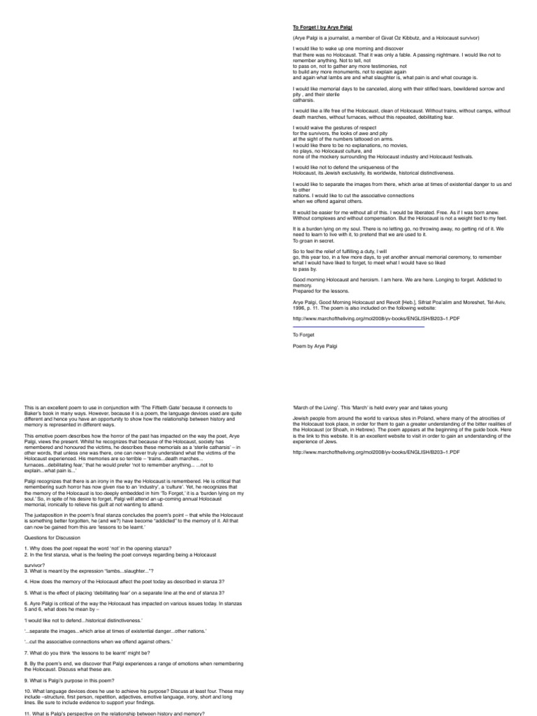To Forget Poem by Arye Palgi | PDF | The Holocaust | Genocides