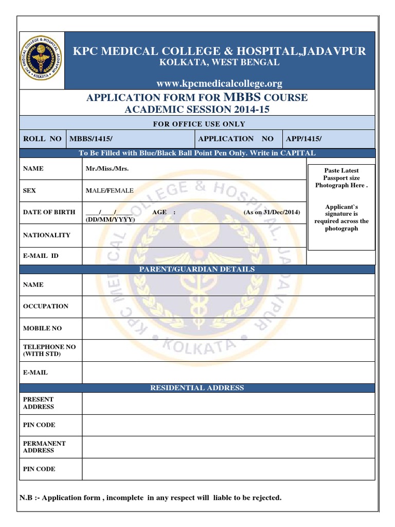 KPC Medical College & Hospital, Jadavpur: Application Form For Course ...