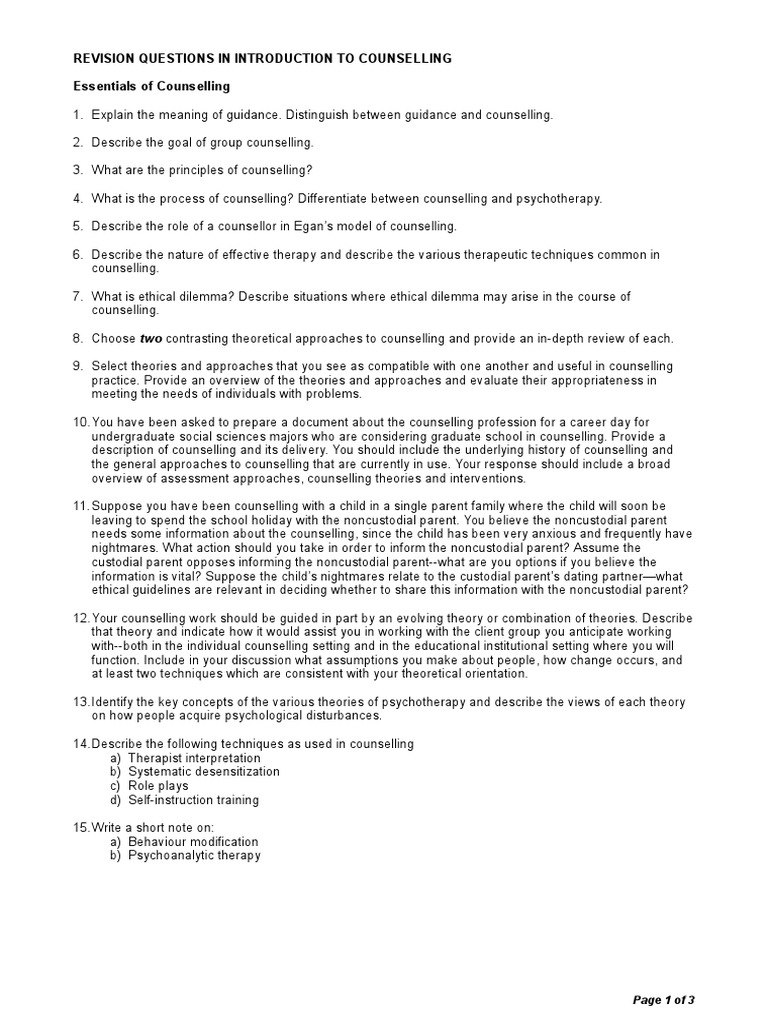 Revision Questions in Introduction To Counselling | PDF | Psychotherapy ...