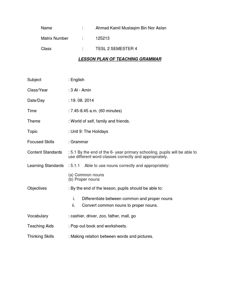 Lesson Plan of Teaching Grammar | PDF | Worksheet | Lesson Plan