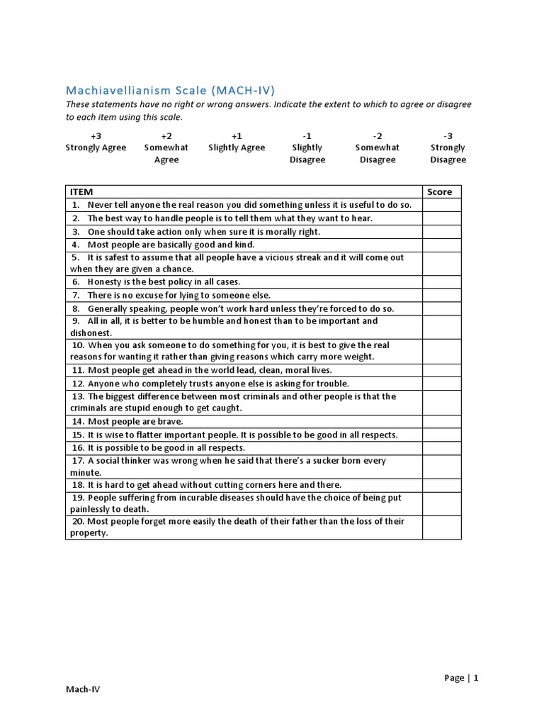 Machiavellianism Scale (MACH - IV) : Item Score | PDF