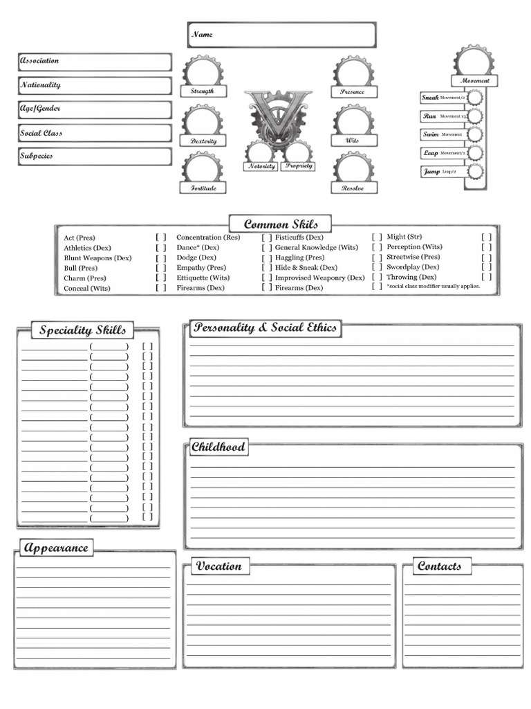 Victoriana 3rd Edition Character Fillable Form - Printable Forms Free ...