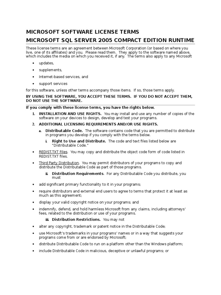 Microsoft Software License Terms Microsoft SQL Server 2005 Compact ...