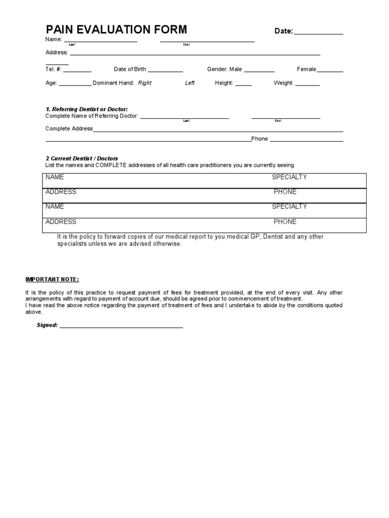 Pain Evaluation Form: Date | PDF | Pain | Specialty (Medicine)