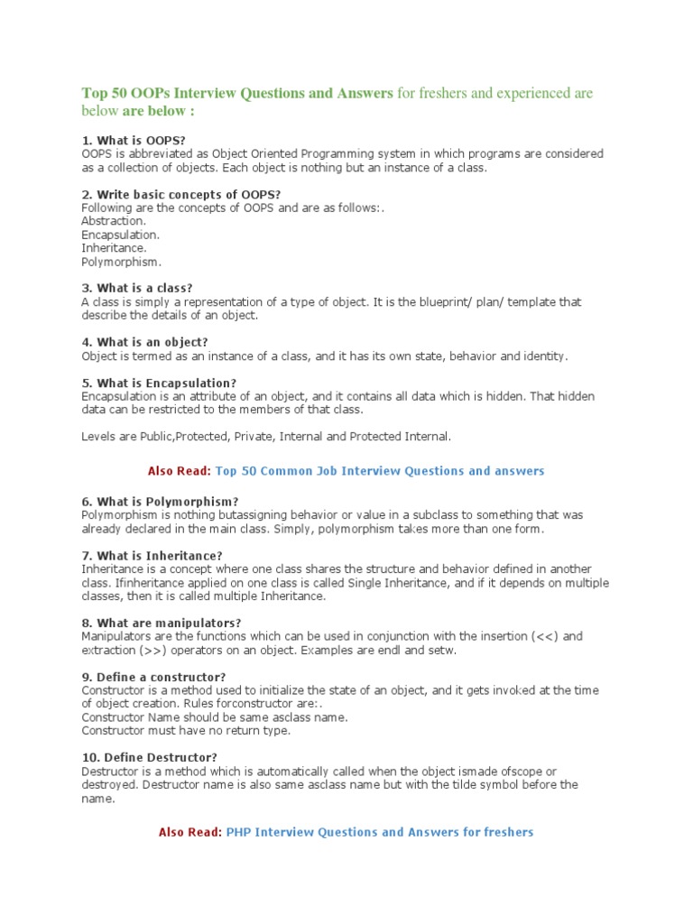 Top 50 OOPs Interview Questions and Answers | PDF | Method (Computer Programming) | Class ...