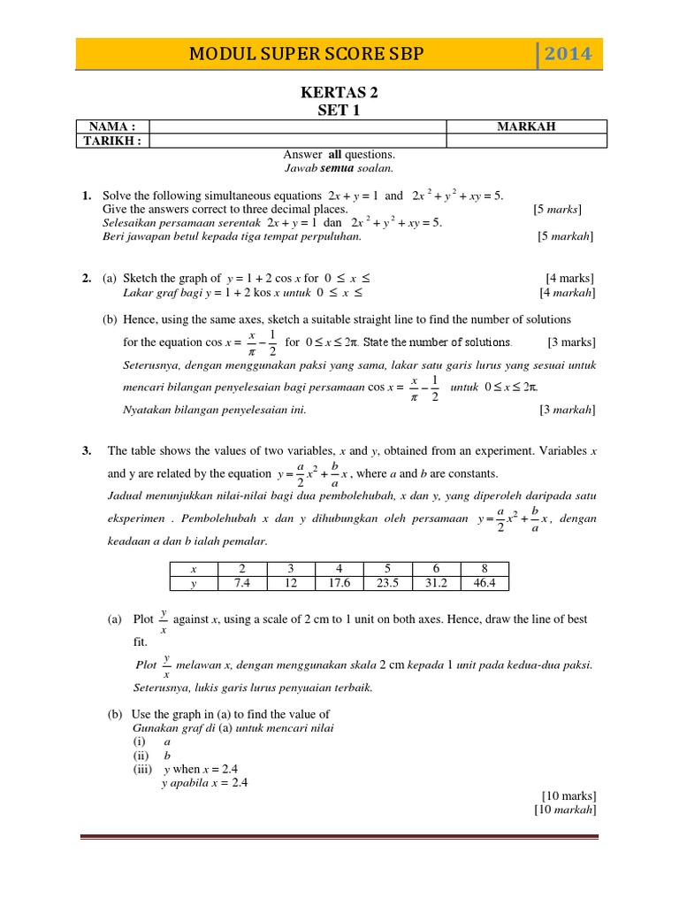 SPM 2014 Add Math Modul SBP Super Score (Lemah) K2 Set 1 Dan Skema | PDF | Mengajar Matematika ...