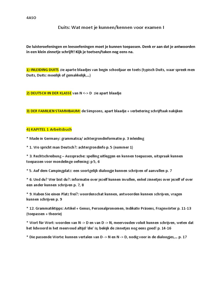 4ASO Te Kennen Leerstof Voor Examen 1 | PDF