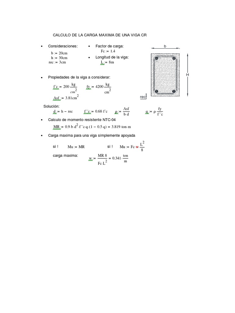 Mathcad - Calculo de La Carga Maxima de Una Viga CR (Rectangular) 3 | PDF | Carpintería ...