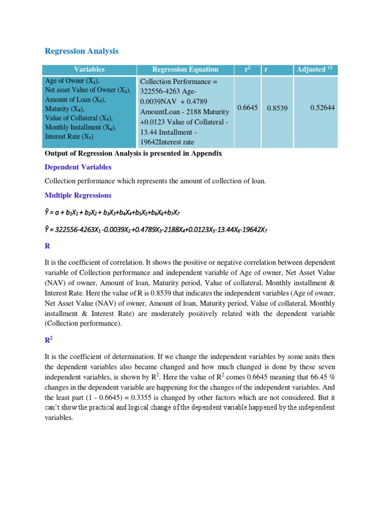Regression Analysis: Variables Regression Equation R R Adjusted | PDF ...