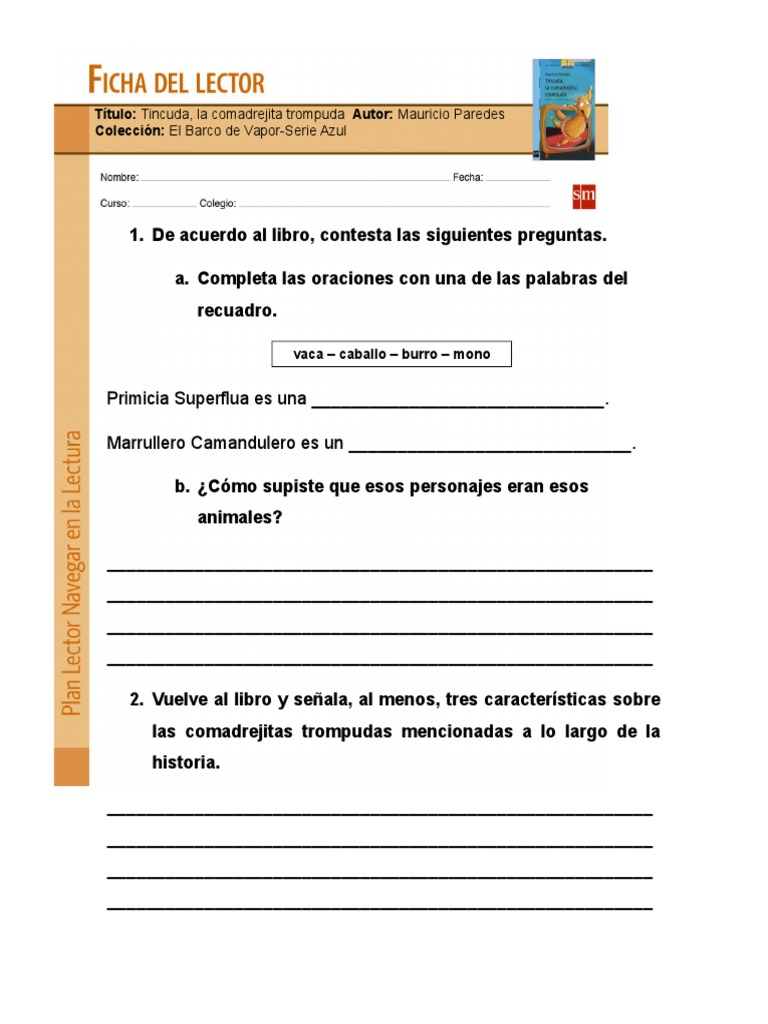 Tincuda La Comadrejita Trompuda - Ficha Del Lector | PDF