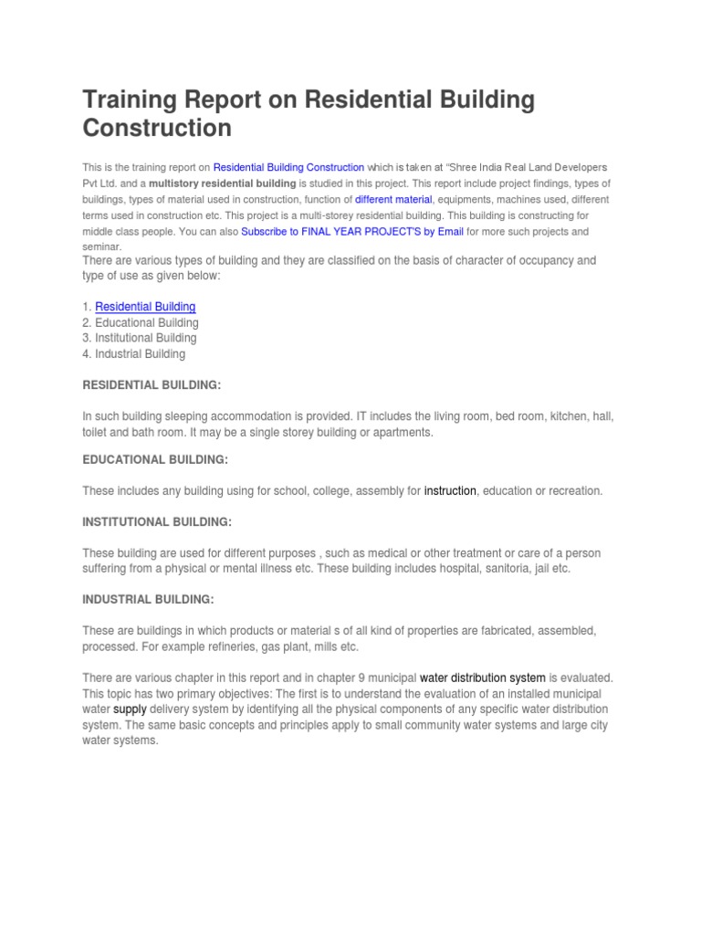Training Report On Residential Building Construction | PDF