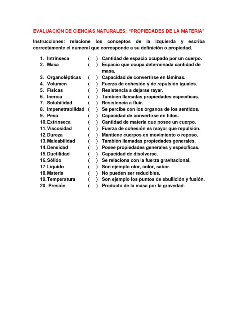 Evaluación Propiedades de La Materia | PDF | Artes del Lenguaje y ...