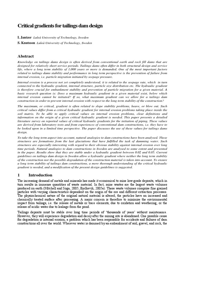 Critical Gradients For Tailings Dam Design | PDF | Soil Mechanics | Dam