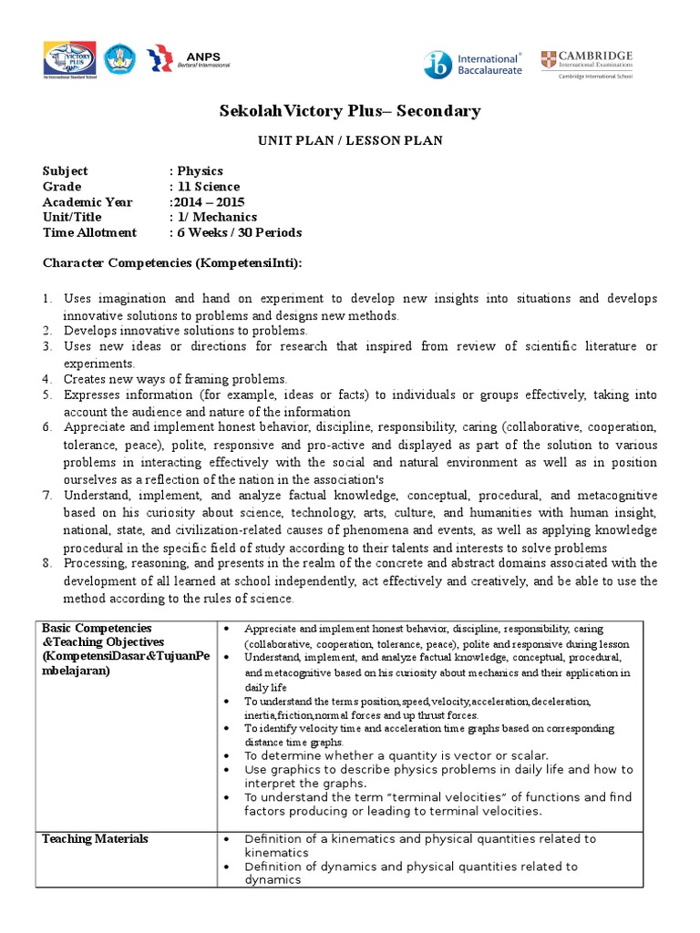 Grade 11 Science Unit Plan 1 (2014 - 2015) | PDF | Velocity | Science
